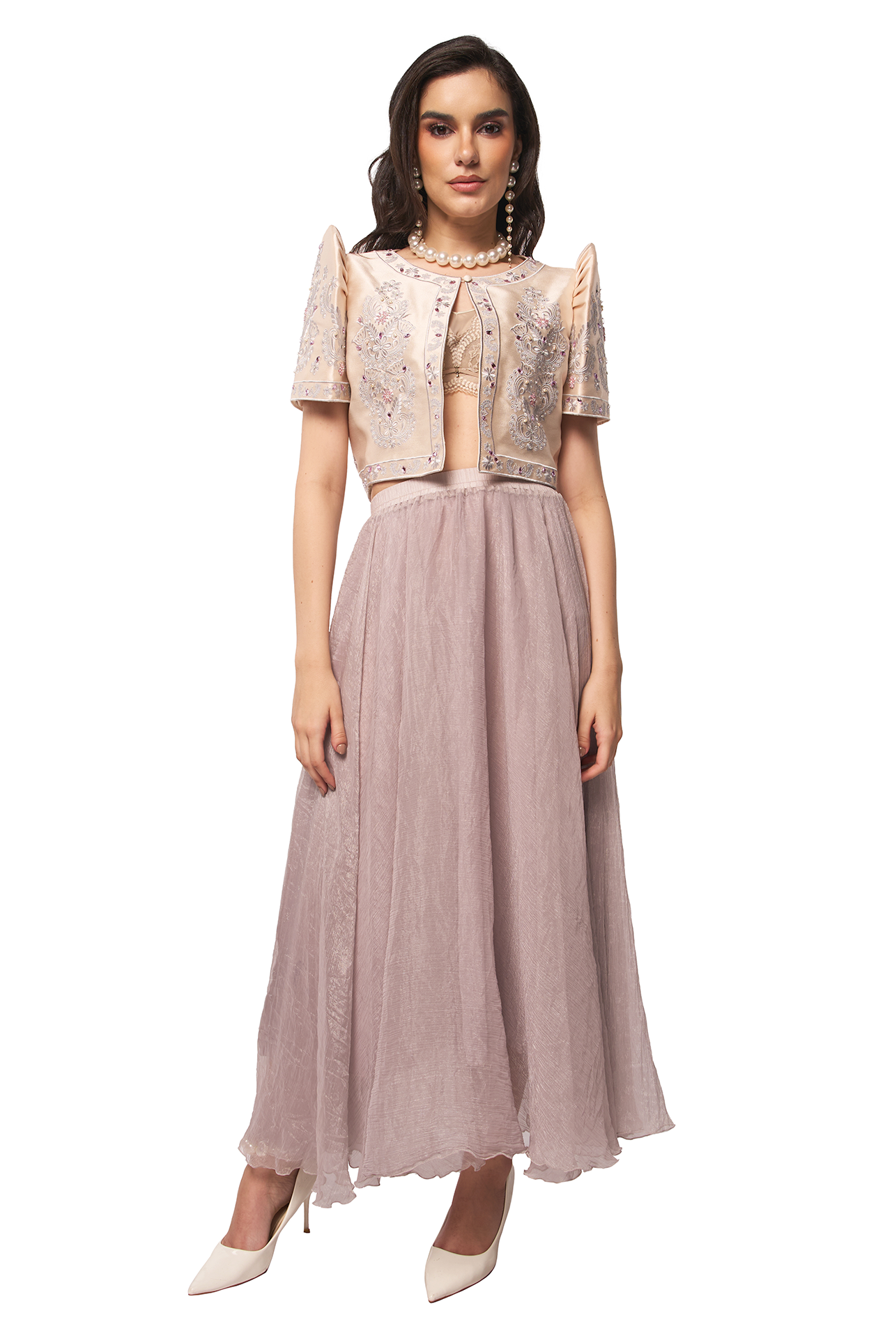 Lioren Veil Bolero in Beige Peau de Soie | Embellished Filipiniana ...